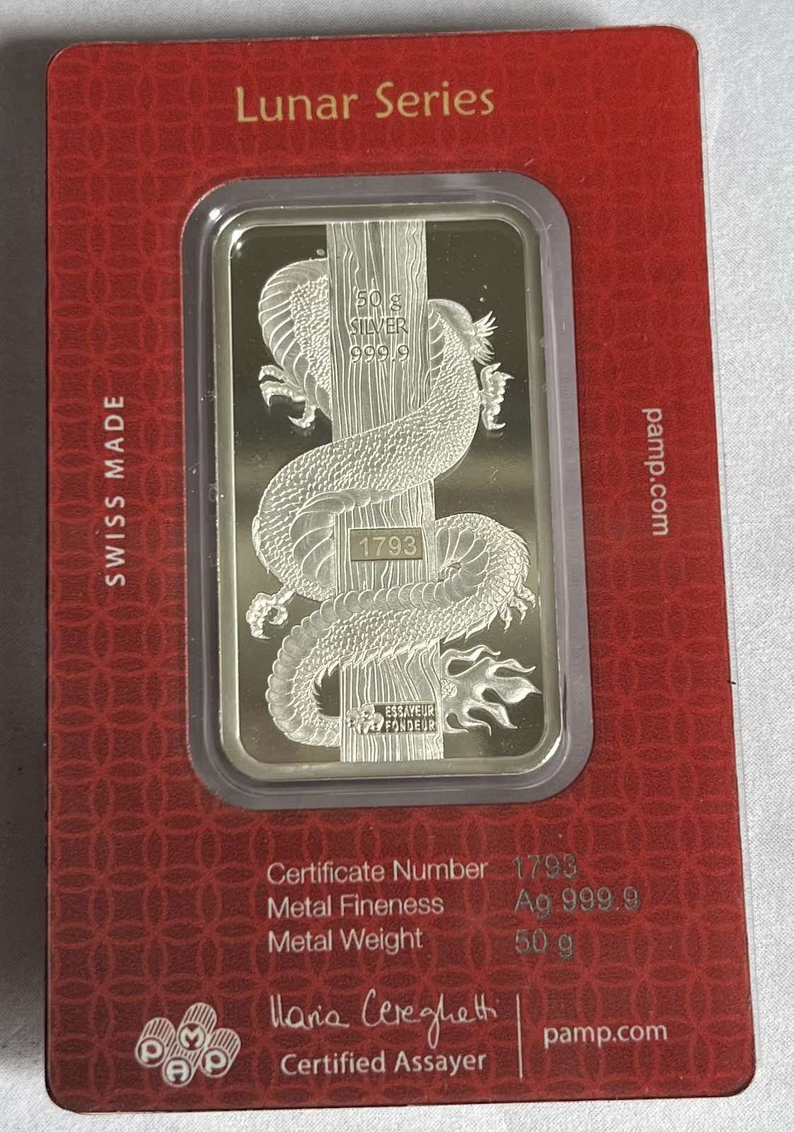 2024 Pamp Suisse Lunar Series - Hologram Dragon 50 grams Silver Bar in ...